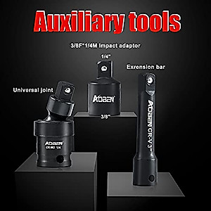 AOBEN 1/4-Inch Drive Impact Socket Set, 54 Pieces, 6 Point, SAE/Metric, (5/32" - 9/16" ，4mm -15mm)，Deep/Shallow, Cr-V Steel, Includes Extension bars and Socket Adapter