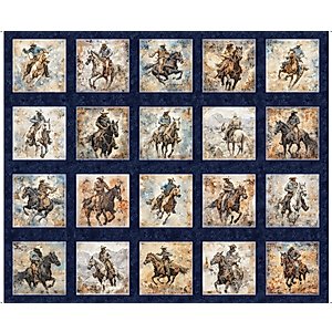 QT Fabrics Running Wild 30624 N Navy Cowboy On Horse Picture Patch Quilting Fabric