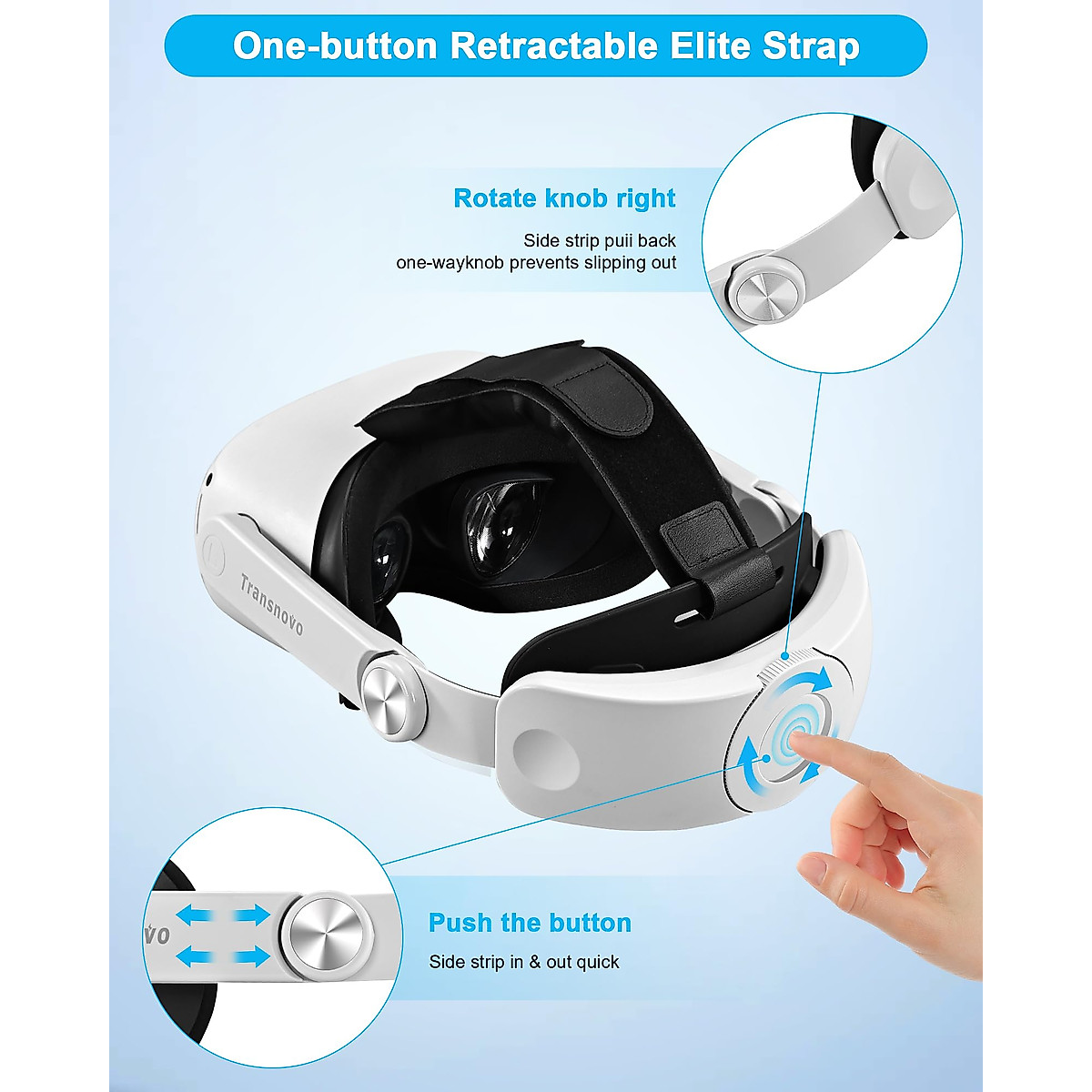 TRANSNOVO Compatible with Oculus Quest 2 Head strap, VR Accessory for Meta Quest 2, One-Button Retractable Lightweight Elite Strap,Enhanced Comfort Support and Gaming Immersion in VR —— White Button