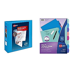 Avery Heavy-Duty View 3 Ring Binder, 3" One Touch Slant Rings, Holds 8.5" x 11" Paper, 1 Light Blue Binder & Durable Plastic 8-Tab Write & Erase Big Tab Dividers for 3 Ring Binders, Pastel Brights