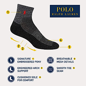 POLO RALPH LAUREN Men's Classic Sport Marled Socks 6 Pair Pack - Breathable Mesh and Arch Support, Gray, 6-12.5