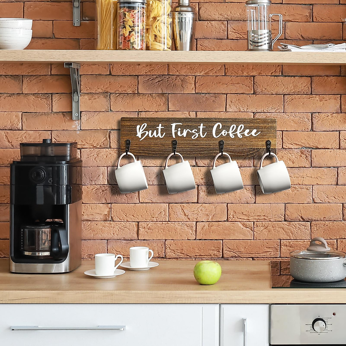 Bivvclaz Coffee Mug Holder Wall Mount, Acacia Wood Coffee Cup Holder, But First Coffee Rustic Wood Wall Sign, Mug Hanger Organizer Shelf Rack, Farmhouse Kitchen Decor and Coffee Bar Accessories