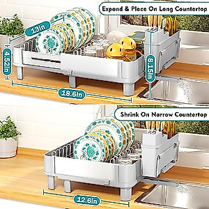 YKLSLH Expandable Dish Drying Rack Dish Racks for Kitchen Counter, Space Saving Dish Rack,12.6"-18.6" Expandable Drying Rack with Drainboard, Utensil Holder - Gray