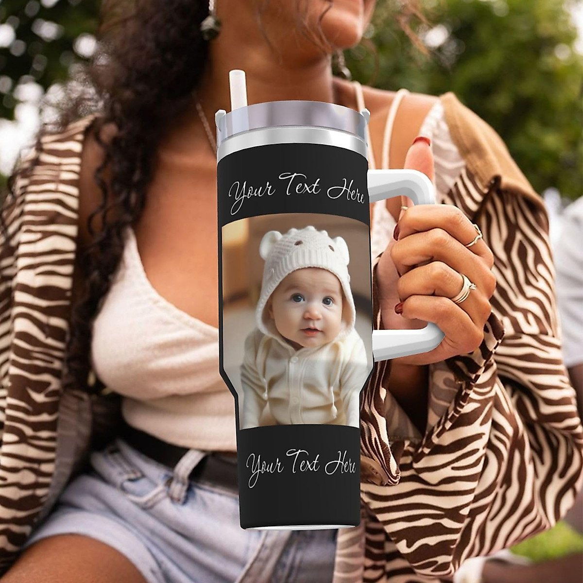 Mount Hour Custom Personalized Photos Stainless Steel Ice Bully Cup with Handle Lid Straw 40 OZ, Design Logo Text Name Travel Coffee Cup, Funny Presents for Birthday