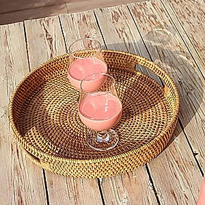Round Rattan Serving Tray Decorative Woven Ottoman Trays for Coffee Table Natural Round Woven Tray (14 Inch)……