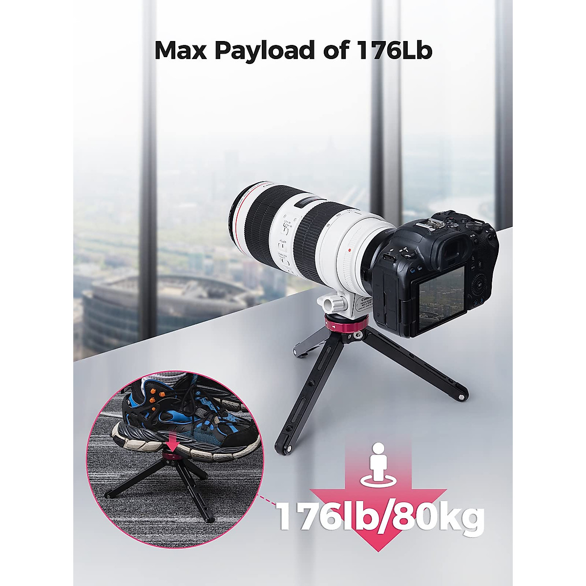 Mini Camera Tripod, Moman Tabletop Short Tripod Desktop TR01 with 1/4 and 3/8 Screw Mount and Function Leg CNC Aluminum Tripod for DSLR Camera/GoPro/Video/Camcorder, Max Payload of 176 Lbs/80Kg, Red