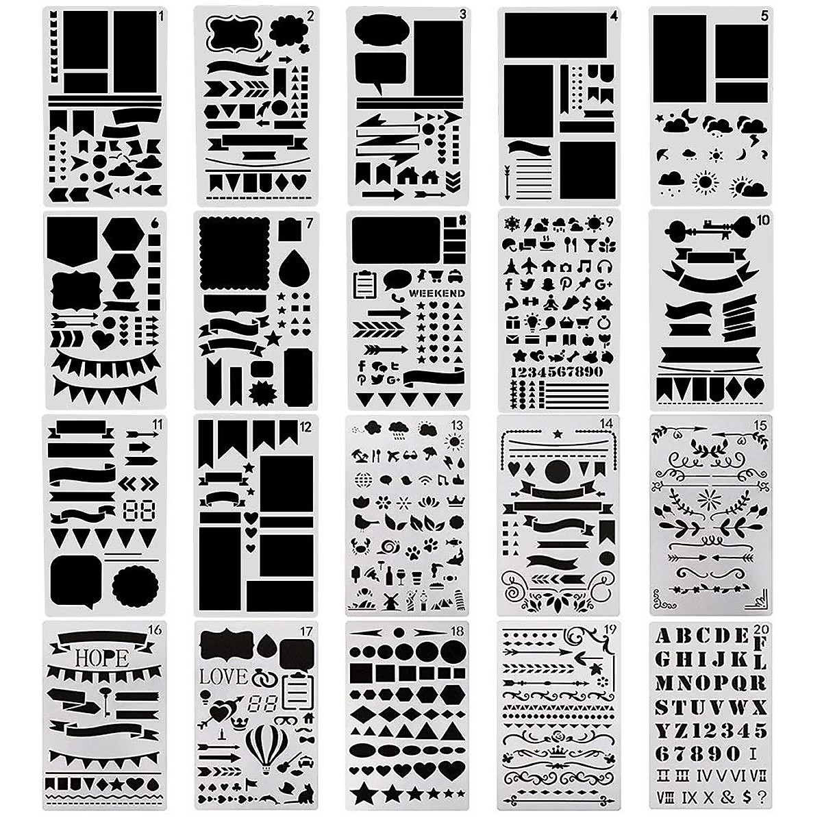 Journal Stencil 20 PCS Plastic Planner Stencils Set for Journal Notebook Diary Scrapbook DIY Drawing Card Template Journal Stencils, 4x7 Inch1