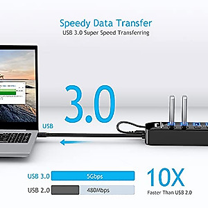 Apanage Powered USB 3.0 Hub, 8 Port USB 3.0 Hub Splitter with 7 Data Ports and 1 Smart Charging Port with Individual On/Off and 5V/4A Power Adapter USB Extension for MacBook, Mac Pro…