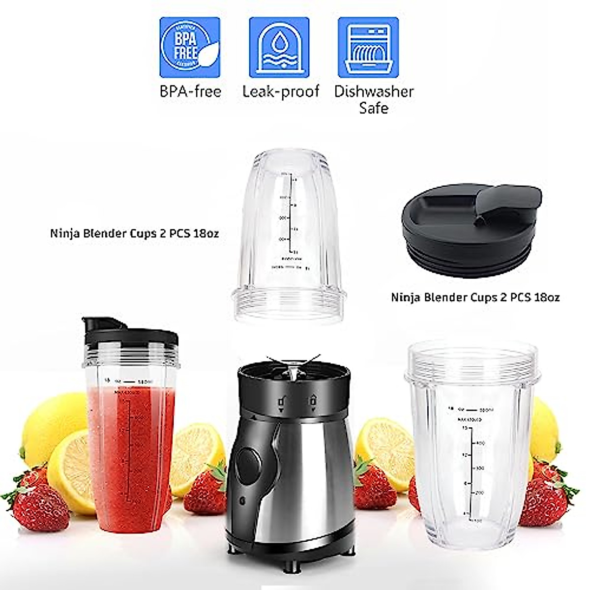 Ninja Blender Cups, Ninja Blender Cups Replacement, Ninja Replacement Cups for BL480 BL490 BL640 BL680 Auto IQ Blender, 18 oz