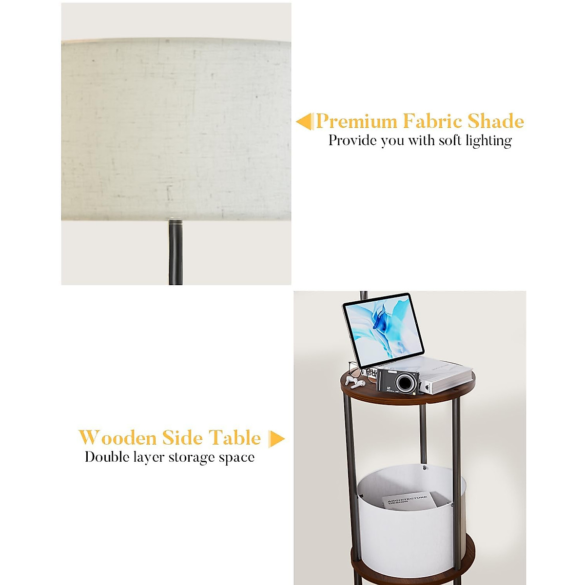 Lightdot 57IN Floor Lamp with Shelves, Mid Century Modern Standing Lamps with Bulb and Storage Bag Included, Black Pole End Table with Linen Lampshade for Living Room, Bedroom, Office-F