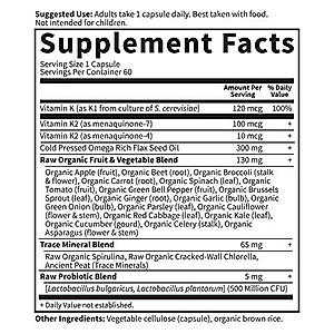 Vitamin K2 and K1 by Garden of Life, Vitamin Code Vegan K Complex Vitamin for Bone Strength and Heart Health, Vitamin K1 and K2, Omega Rich Flax Seed Oil, Trace Minerals, Probiotics, 60 Day Supply