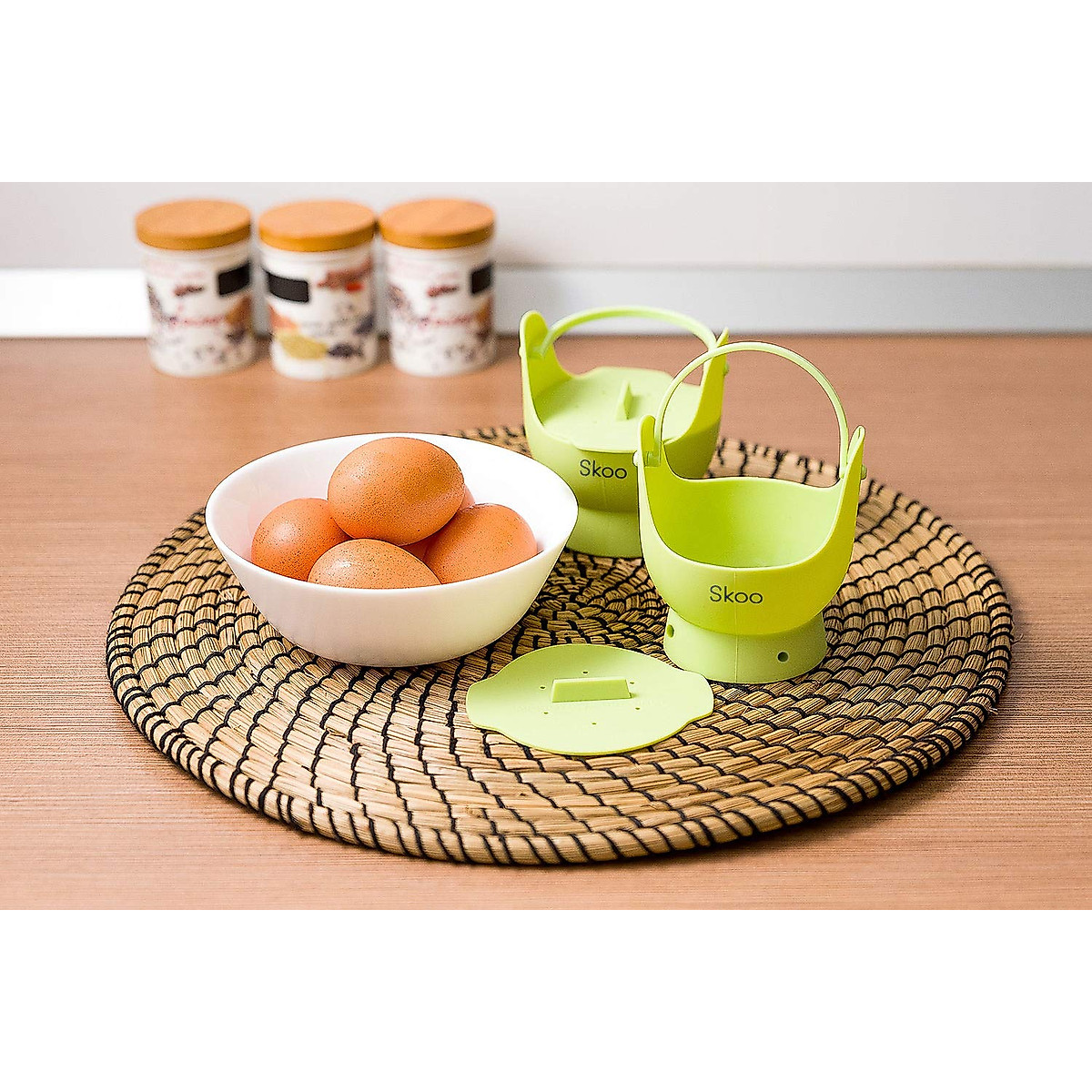 Egg Poacher - Skoo Silicone Egg Poaching Cups + Lids + Bonus eBook - Egg Cooker Set - Perfect Poached Egg Maker - For Stove Top, Microwave and Instant Pot - Pack of 2 - Green