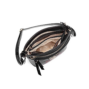 Frida Kahlo Flower Collection Cross Body Bag with Two Zip Pockets on Front (Black)