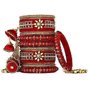 Aheli Wedding Party Designer Velvet Faux Stone Studded Bridal Bangle Set Chuda with Hangings Indian Traditional Ethnic Fashion Jewelry for Women(Red)