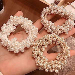 Unicra Pearl Hair Ties Beaded Fashion Elastic Hair Scrunchies Set Fancy Pearls Decorative Ponytail Holder Hair Accessories for Women and Girls 3PCS (Pearl)