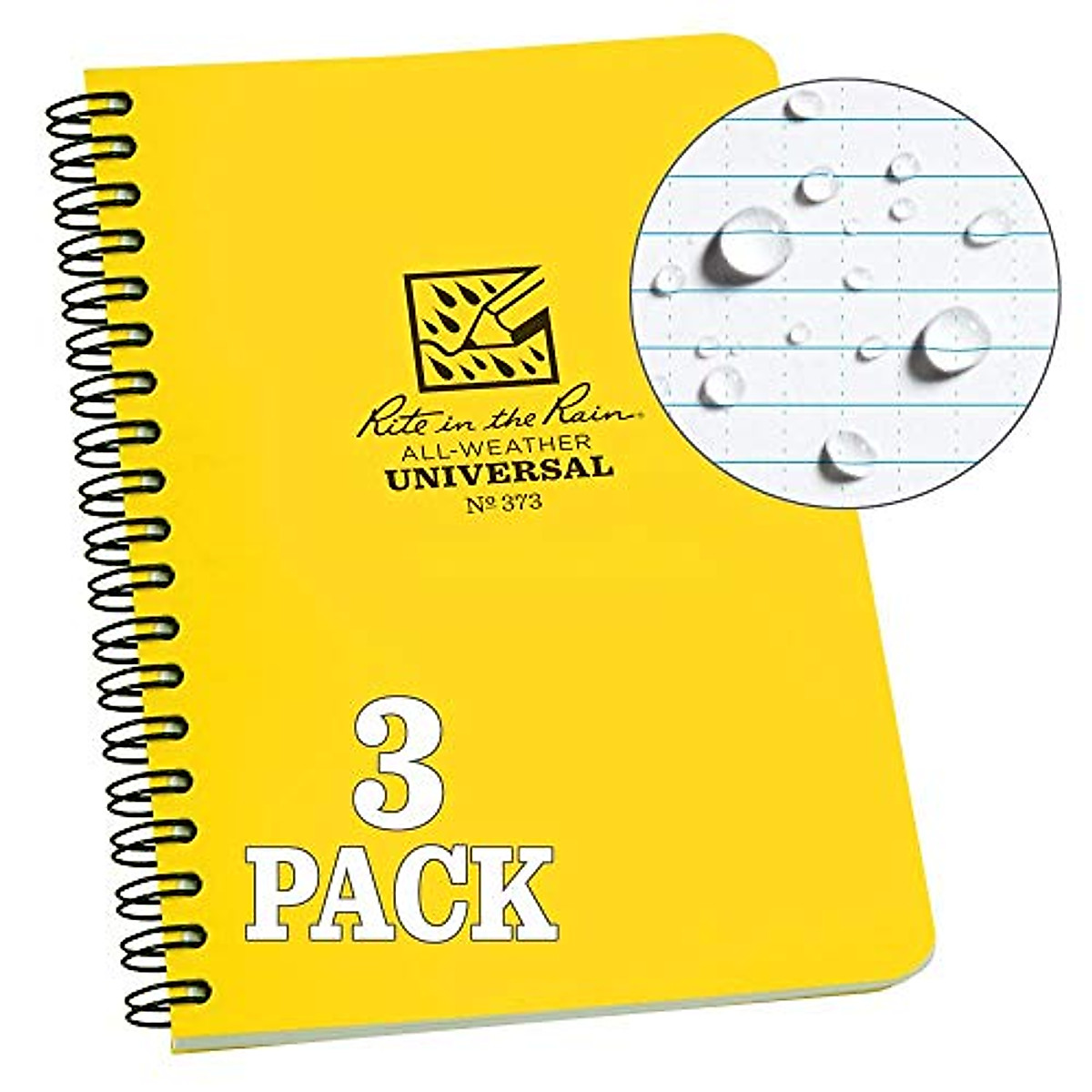 Rite in the Rain Weatherproof Side Spiral Notebook, 4.625" x 7", Yellow Cover, Universal Pattern, 3 Pack (No. 373L3)