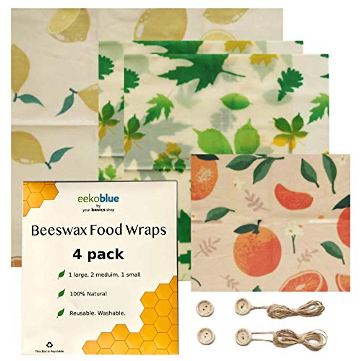 EEKOBLUE Beeswax Food Wraps (4-pack + tie closures) Each organic beeswax wrap with jojoba oil is a sustainable reusable food wrap that is an alternative to plastic. 3 Sizes (S,M,L)
