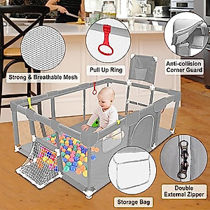 Large Baby Ball Pit Sturdy Play Pen/ Yard W/Basketball Hoop for Babies and Toddlers Children's Fence Play Area, Indoor Outdoor Kids Activity Center, Infant Safety Gates (Grey)