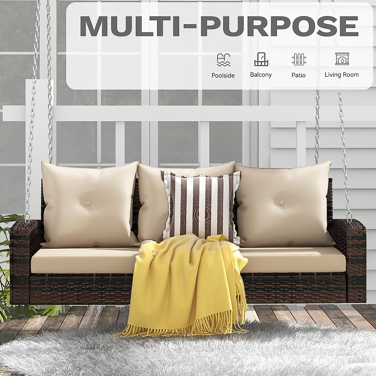 DWVO 3 Seats Porch Swing Hanging Bench Swing Outdoor Wicker Patio Swing Lounge Front Rattan Swing 794lbs for Garden, Balcony, Brown&Beige