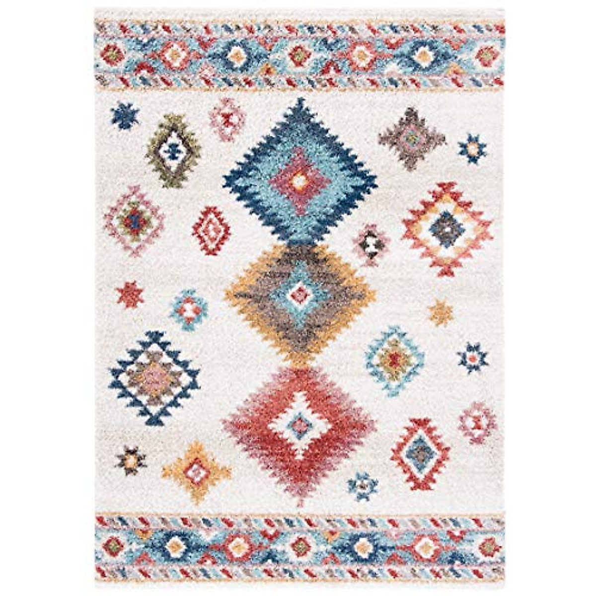 SAFAVIEH Calista Shag Collection 4'5" x 6'5" Ivory/Blue CAL142A Moroccan Boho Tribal Non-Shedding Living Room Bedroom Dining Room Entryway 1-inch Thick Area Rug