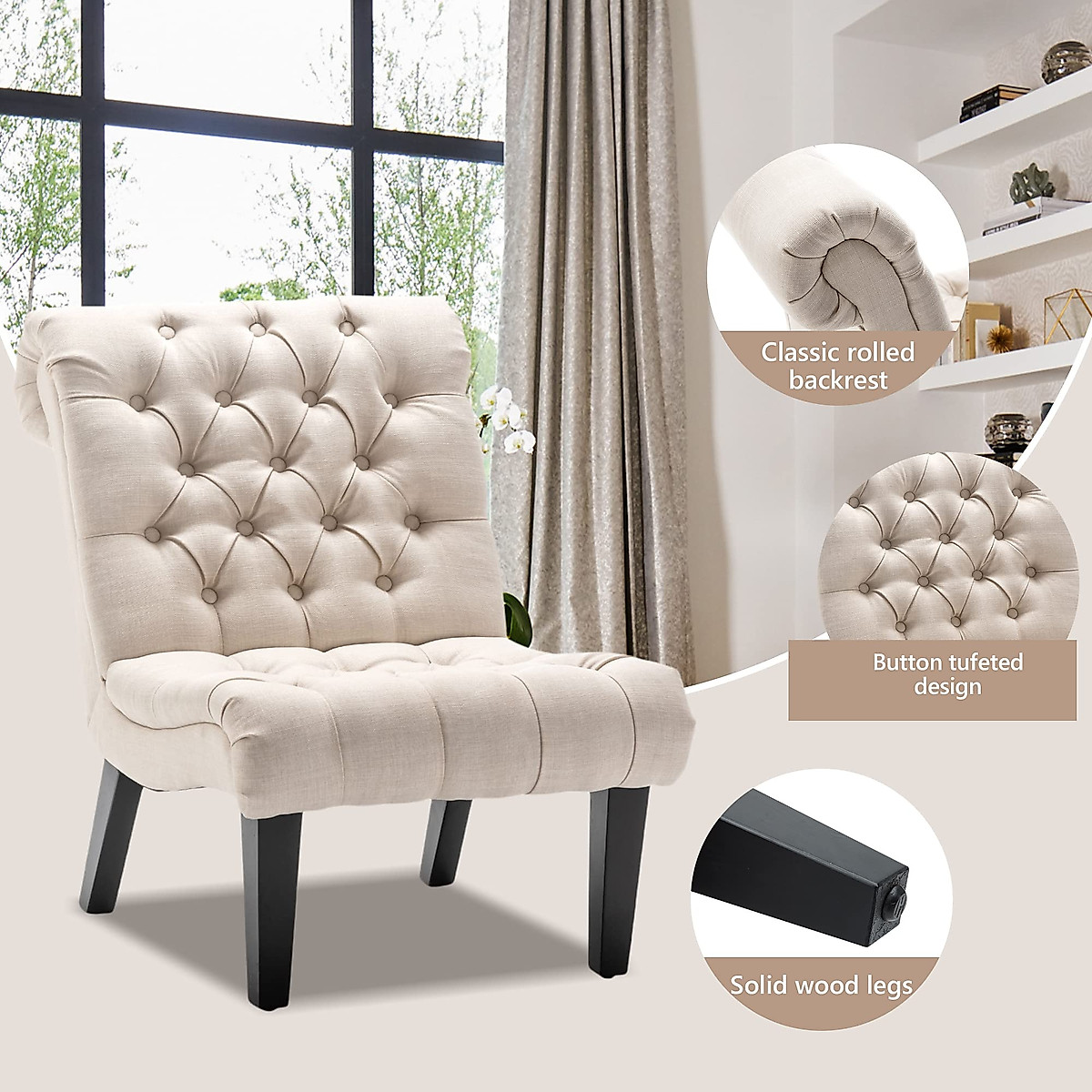 Yongqiang Accent Chairs Set of 2 Modern Armless Living Room Bedroom Chairs Upholstered Button Tufted Slipper Chairs with Solid Wood Legs Cream Fabric
