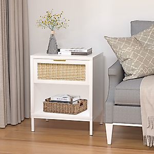 Anmytek White Nightstand with Rattan Decor Drawer, Mid Century Modern End Table with Open Storage, Farmhouse Night Stand, Small Side Table for Bedroom