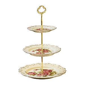 YOLIFE Red Rose Pattern 3 Tiered CupCake Stand, Emboss Golden Leaves Edge Porcelain 3 Tier Pastry Stand Desert Stand