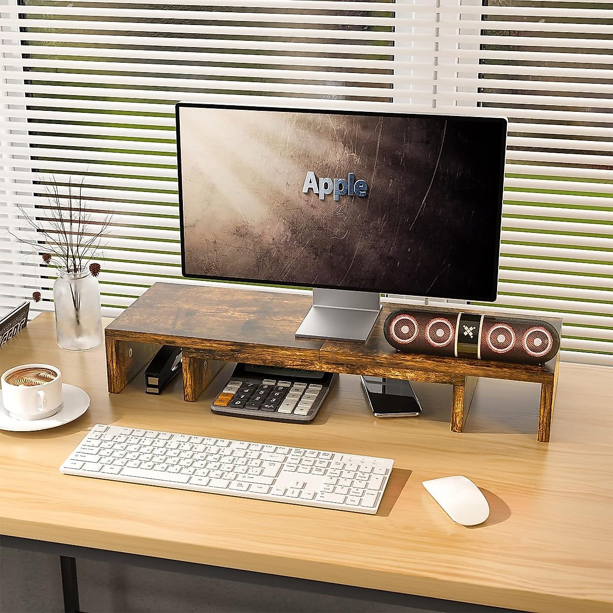 TEMI Monitor Stand Riser for 2 Monitors, Dual Monitor Riser Wood for Desk Standing, Wooden Computer Monitor Riser with Adjustable Angle and Length for Laptop, Computer, TV, PC and More (Rustic Brown)