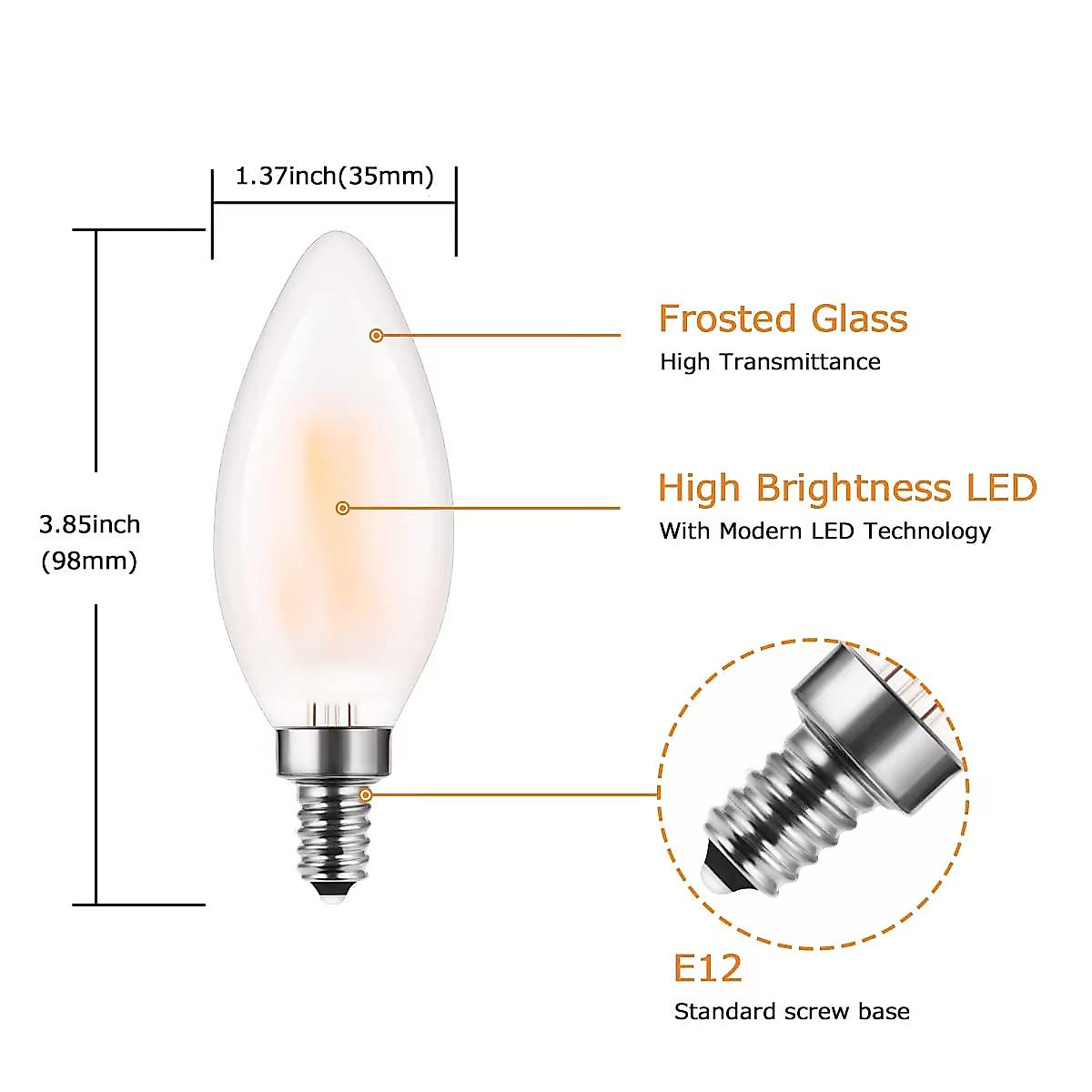 Seigun E12 LED Candelabra Bulb,B11,4W Vintage Edison Style Light Bulbs, 40 Watt Equivalent,2700K Warm Soft White 400LM, E12 Base Dimmable LED Candle Bulbs, C35 Frosted Glass Flame Shape (6)