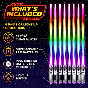 Lightsaber Chopsticks Light Up - LED Glowing Light Saber Chop Sticks - Reusable Sushi Lightup Sabers Chopstick Set Of 4 Pairs - 8 Changing Color Modes