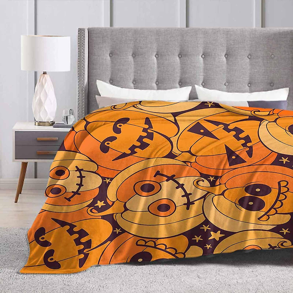 Throw Blanket 40x50 Inch,Happy Halloween Pattern with Scary Orange Pumpkins On Dark Flannel Soft Cozy Fluffy Throw Blankets and Warm Throws for Adults in Couch Sofa Bed 50x40 Inch