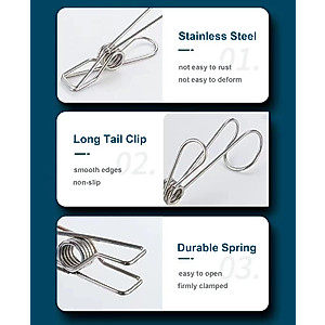 Generic 20 Clips Pack Stainless Steel Clothespins with Hooks Metal Spring Universal Long Hanging Clip for Offices Kitchens Bathroom