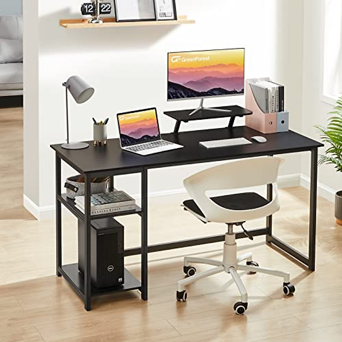 GreenForest Computer Home Office Desk with Monitor Stand and Storage Shelves on Left or Right Side,47 inch Modern Writing Study PC Laptop Work Table,Black