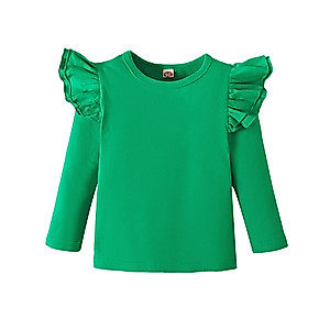 Sanpersonlin Toddler Baby Girl Solid Color T Shirt Kids Blouse Basic Plain Ruffle Top Cotton Casual Clothes (0020E-Long Sleeve Green, 4-5 Years)