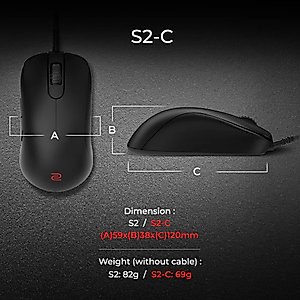 BenQ Zowie S2-C Symmetrical Gaming Mouse | Professional Esports Performance | Driverless | Paracord Cable | Revisioned C-Features | Matte Black | Small Size