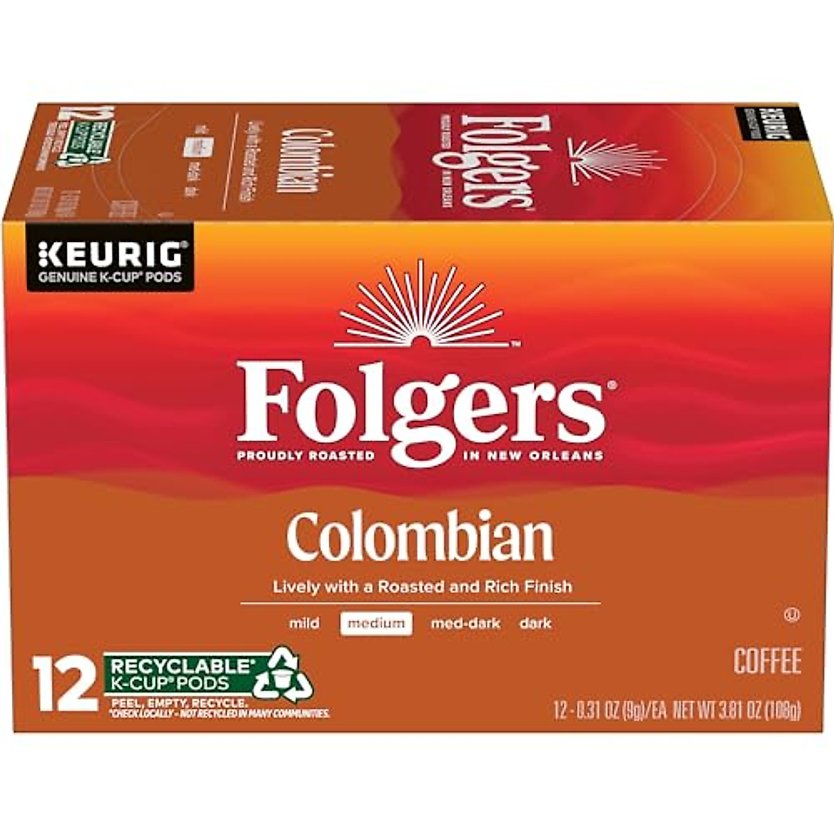 Folgers Colombian Medium Roast Coffee, 12 Keurig K-Cup Pods
