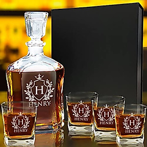Personalized Custom Engraved Whiskey Decanter Set - Decanter and 4 Glasses Gifts Set - Custom Engraved Monogrammed with Shield Design