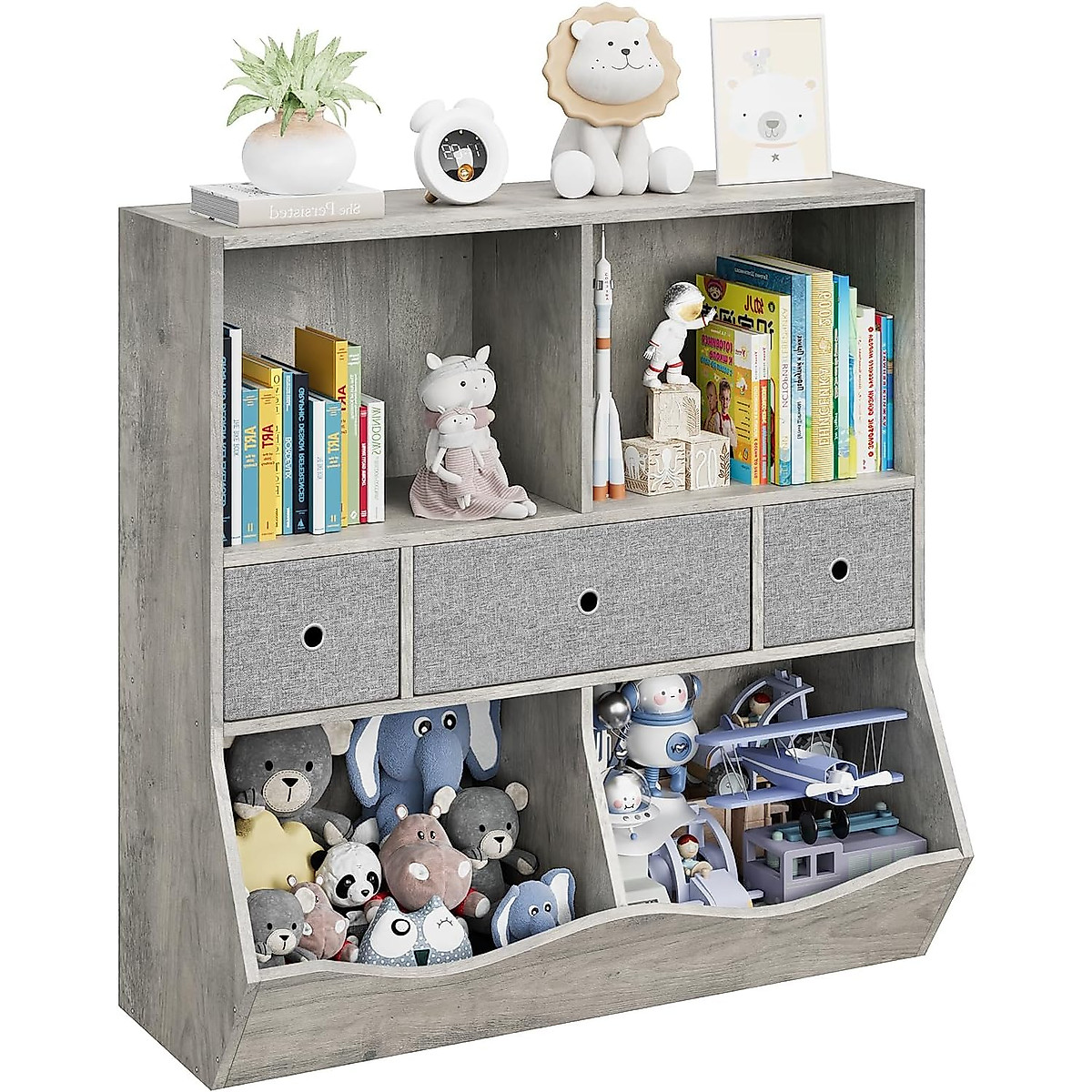 TrailBlaze Kids Toy Storage Organizer with 3 Movable Drawers, 3 Tier Children Bookcase and Bookshelf, Toddler 7 Cubby Toy Storage Cabinet, Toy Shelf for Playroom, Bedroom, Living Room, Nursery (Grey)