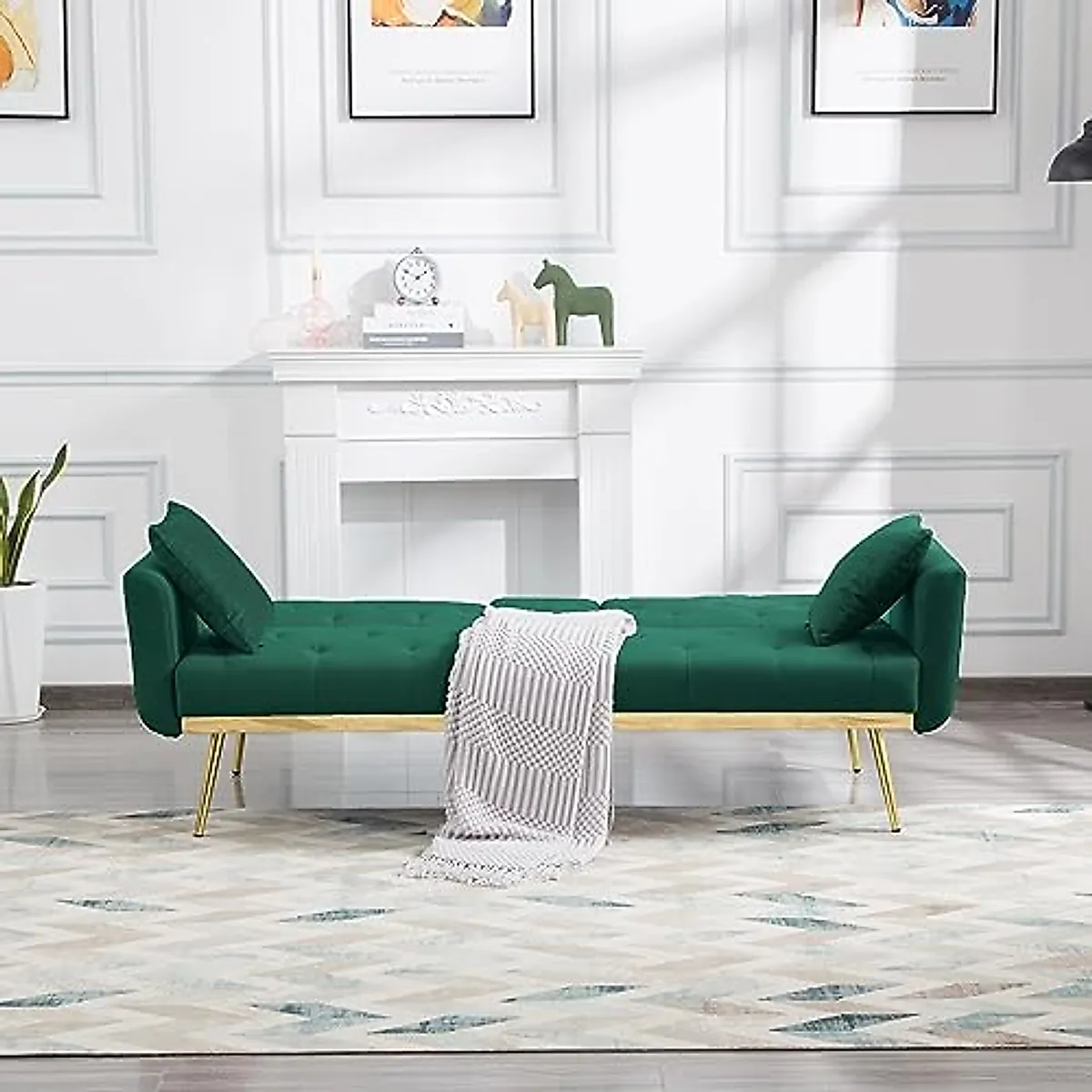 Eafurn Convertible Futon Sofa Bed with 2 Cup Holders, Modern Velvet Split-Back Folding Loveseat Sleeper Couches w/Adjustable Tufted Backrest,Square Armrest Sofabed, Dark Green 72.4" with 2 Pillows