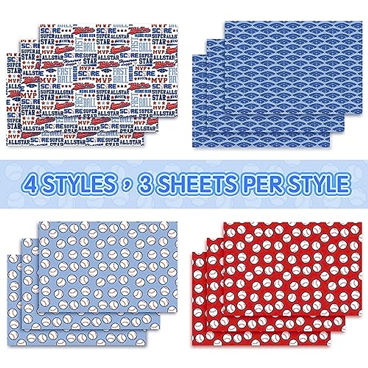 Dtiafu Baseball Wrapping Paper - 12 folded sheets with 4 classic baseball designs - Birthday Wrapping Paper for Boys Kids Men Sport Party - 20 X 28 Inches Per Sheet