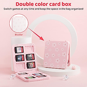 RHOTALL Pink Travel Bag for Nintendo Switch/Lite/OLED,Large Capacity Portable Carrying Case Compatible for Chest Shoulder Accessories Storage Backpack with12 Slots Game Case,Thumb Grip Caps-Sakura