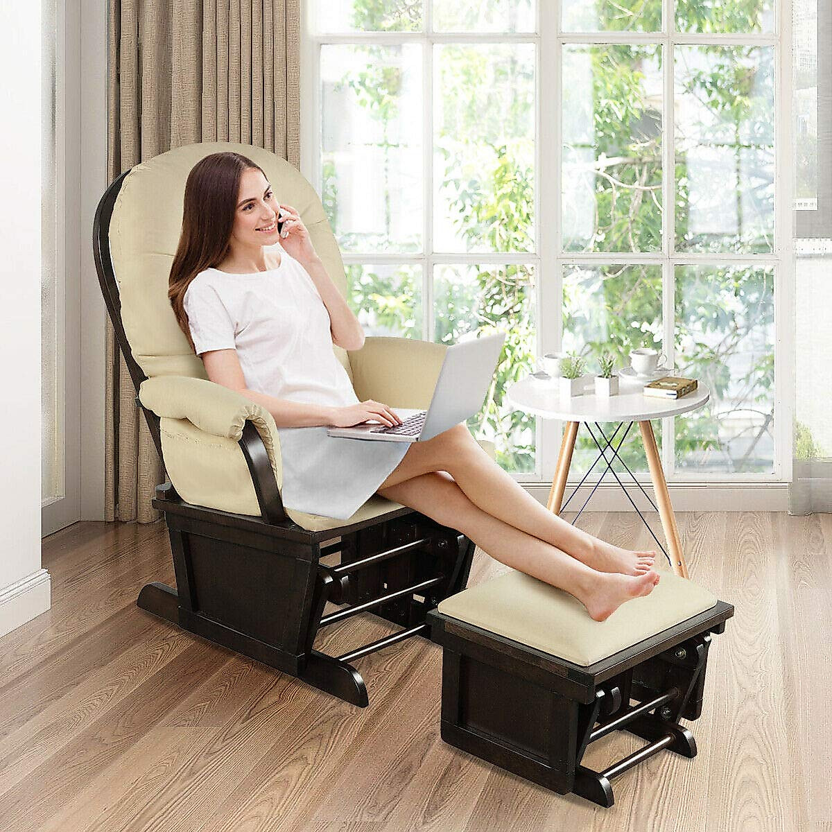 Enjoy Relaxing Home, Office, Sofa Recliner Deluxe Ergonomic Rocking Chair Lounge Glider Ottoman w/Footrest, Beige Brown