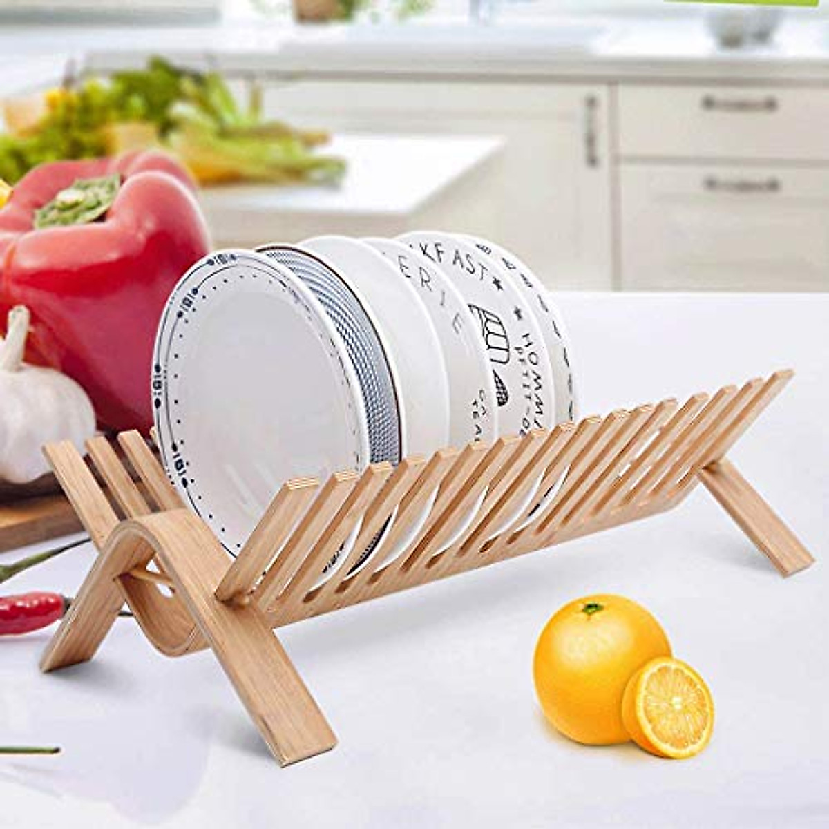 ZSQAI Kitchen shelf- Dish Drying Rack Bamboo Dish Rack plate rack Collapsible Dish Drainer, dish drying rack Wooden Plate Rack