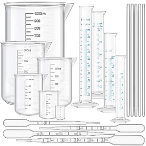 23Pcs Plastic Graduated Cylinders Beakers Set- 6 Clear Plastic Graduated Cylinders 25/50/100/250/500/1000ml, 4 Plastic Beakers 10/25/50/100ml with 8 Plastic Droppers and 5 Stirring Rod