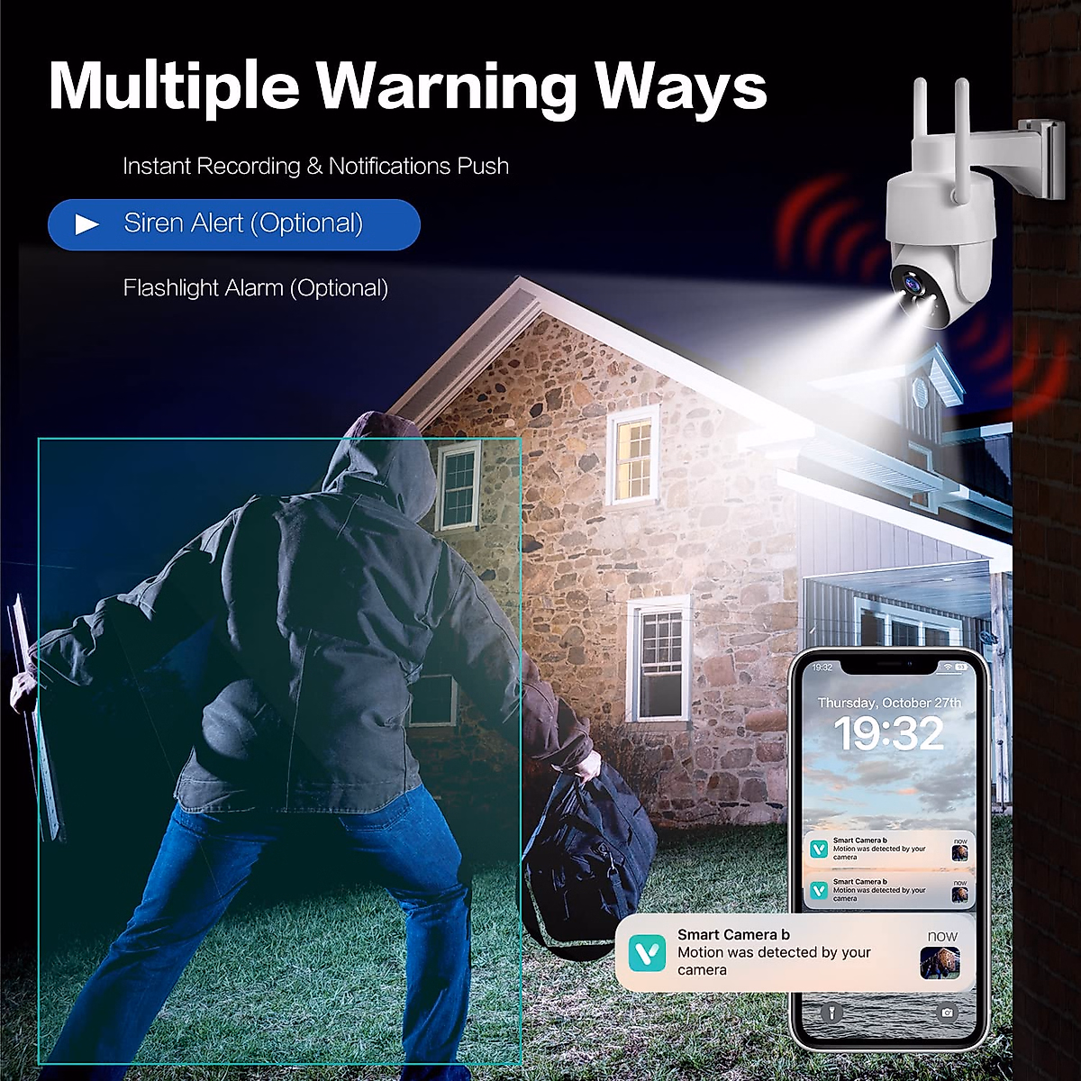 GMK Security Cameras Wireless Outdoor, 2K Pan-Tilt 360° View Battery Powered 2-Way Talk Outdoor Camera Wireless 3MP PTZ WiFi Surveillance Cam Cloud/SD Storage Color Night Vision Spotlight/Siren