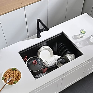 27 Black Undermount Workstation Kitchen Sink, Dorzom 27”x19” Metallic Matte Black Stainless Steel 18 Gauge 10 Inch Deep Undermount Workstation Single Bowl Kitchen Sink with Accessories