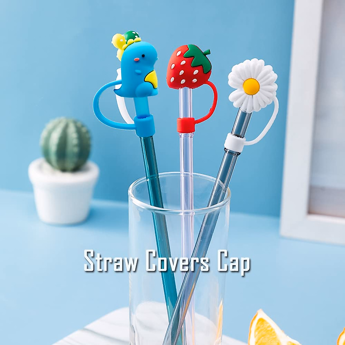 AWEELON 12Pcs Straw Covers Cap, Monkle Silicone Straw Topper Reusable Dust-Proof Straw Tips for Drinking Straws Plug Straw Caps Decoration Home Kitchen Accessories