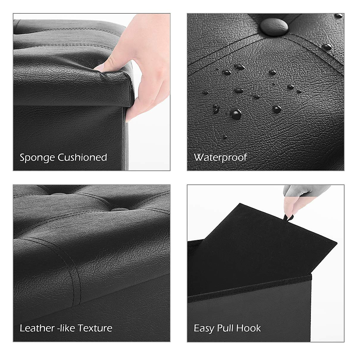 Youdesure Folding Storage Ottoman Bench, Faux Leather Footrest Couch for Living Room, 30 inch Storage Bench with Padded Seat for Bedroom Hallway, Holds up to 350lbs, Black