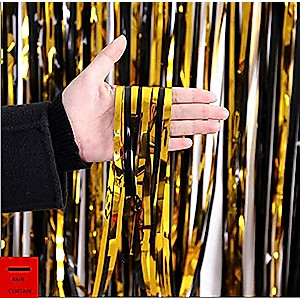 2 Pack 3.3ft x 9.8ft Metallic Fringe Curtains Door Foil Curtains Metallic Curtains Halloween Christmas Party Decoration Tinsel Curtains for Photo Backdrop Party Decorations (Black Gold-2)