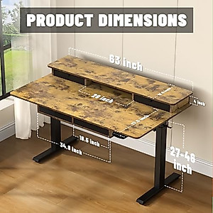 ExaDesk Electric Standing Desk, 63 * 30 Inches Adjustable Height with 4 Drawers, Double Storage Shelves Stand Up Desk, Home Office Workstation Sit Stand up Desk (Rustic Brown)